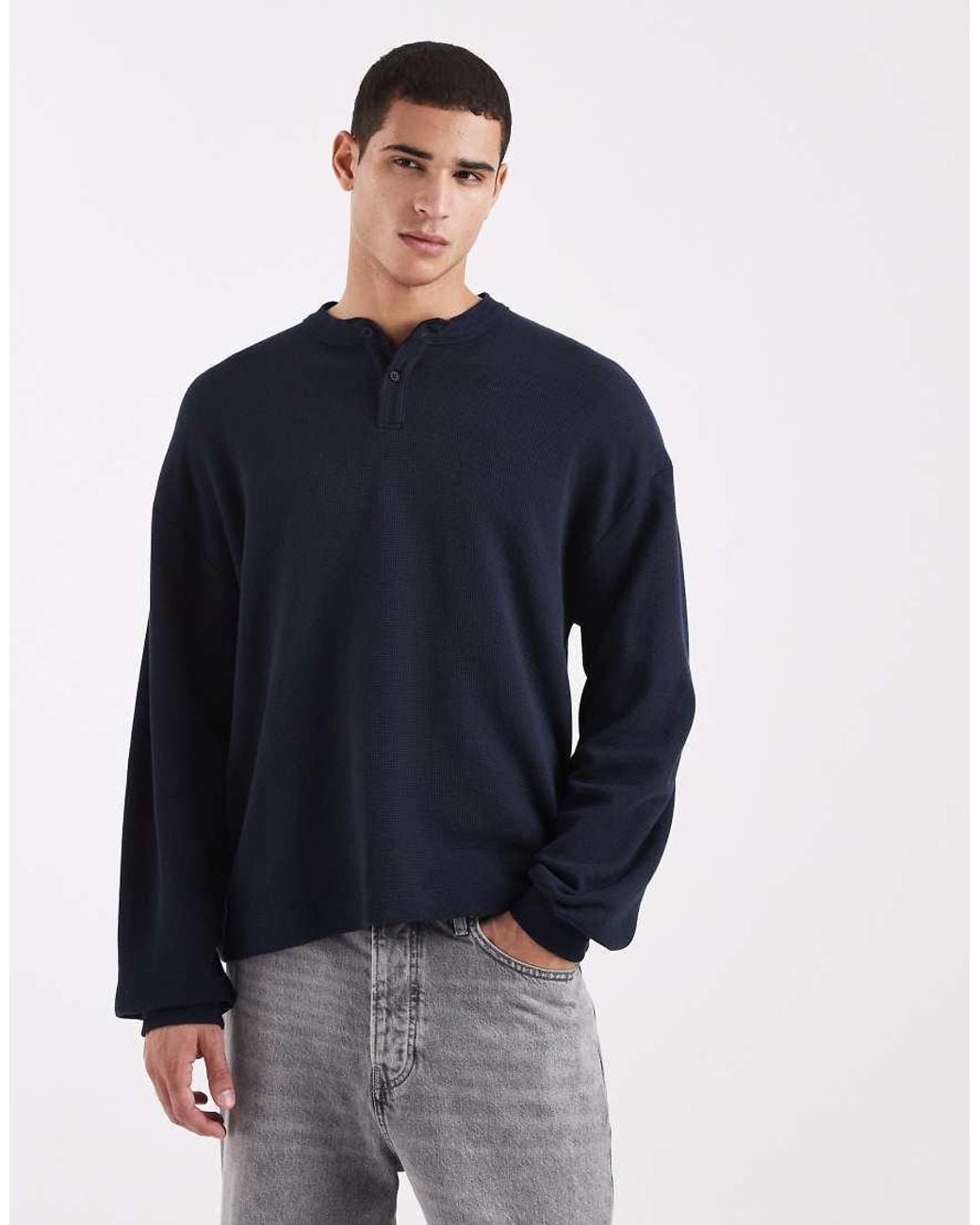 ASOS Oversized Boxy Long Sleeve T-shirt With Henley Neck in Blue for ...