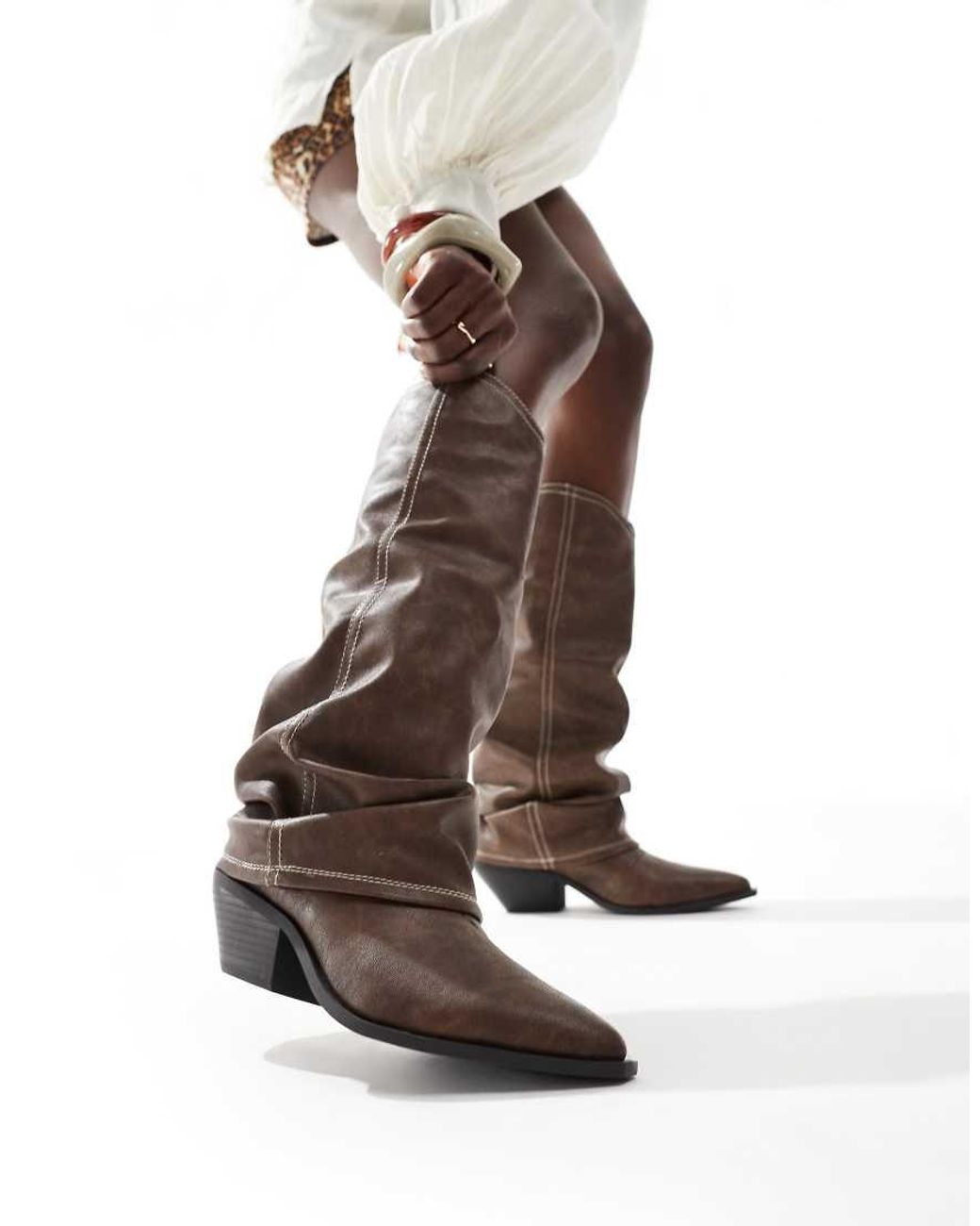 SEQWL Lexus Slouchy Fold Over Western Boots in White | Lyst UK