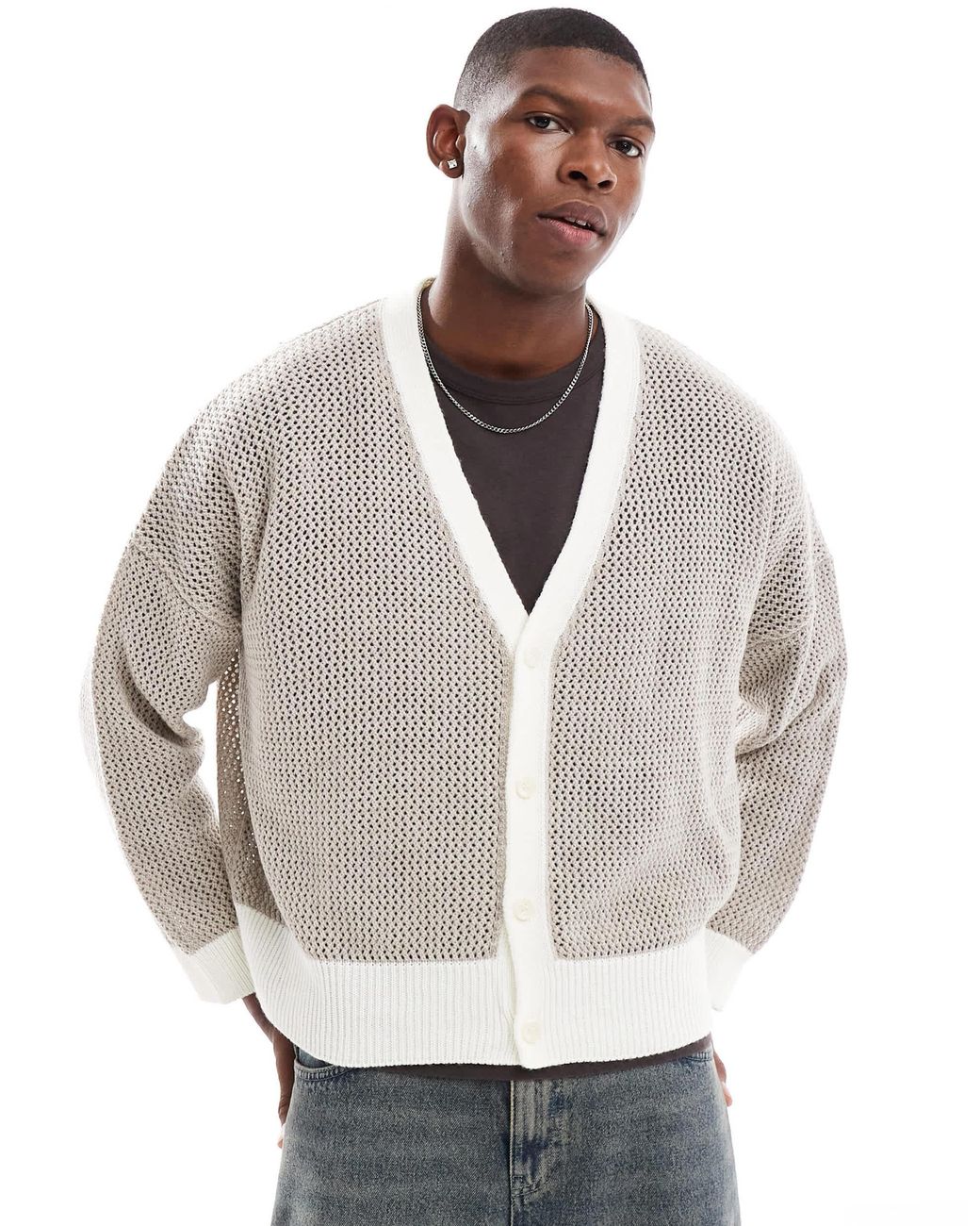 ASOS Oversized Knitted Cropped Cardigan With Contrast Trim in Natural ...