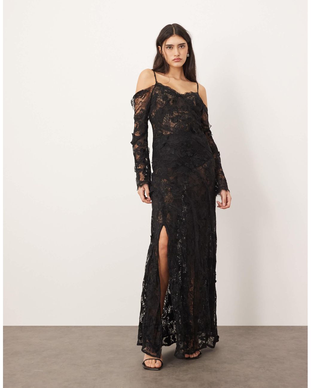 ARRANGE Lace Embroidered Cold Shoulder Maxi Dress With Split in Black ...