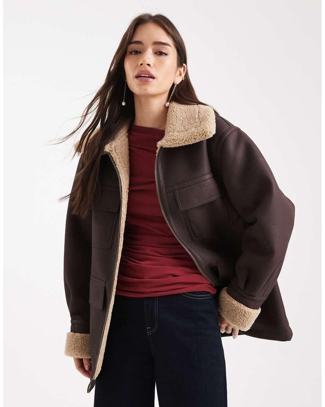 ASOS Leather Look Mid Length Bonded Jacket in Brown | Lyst UK