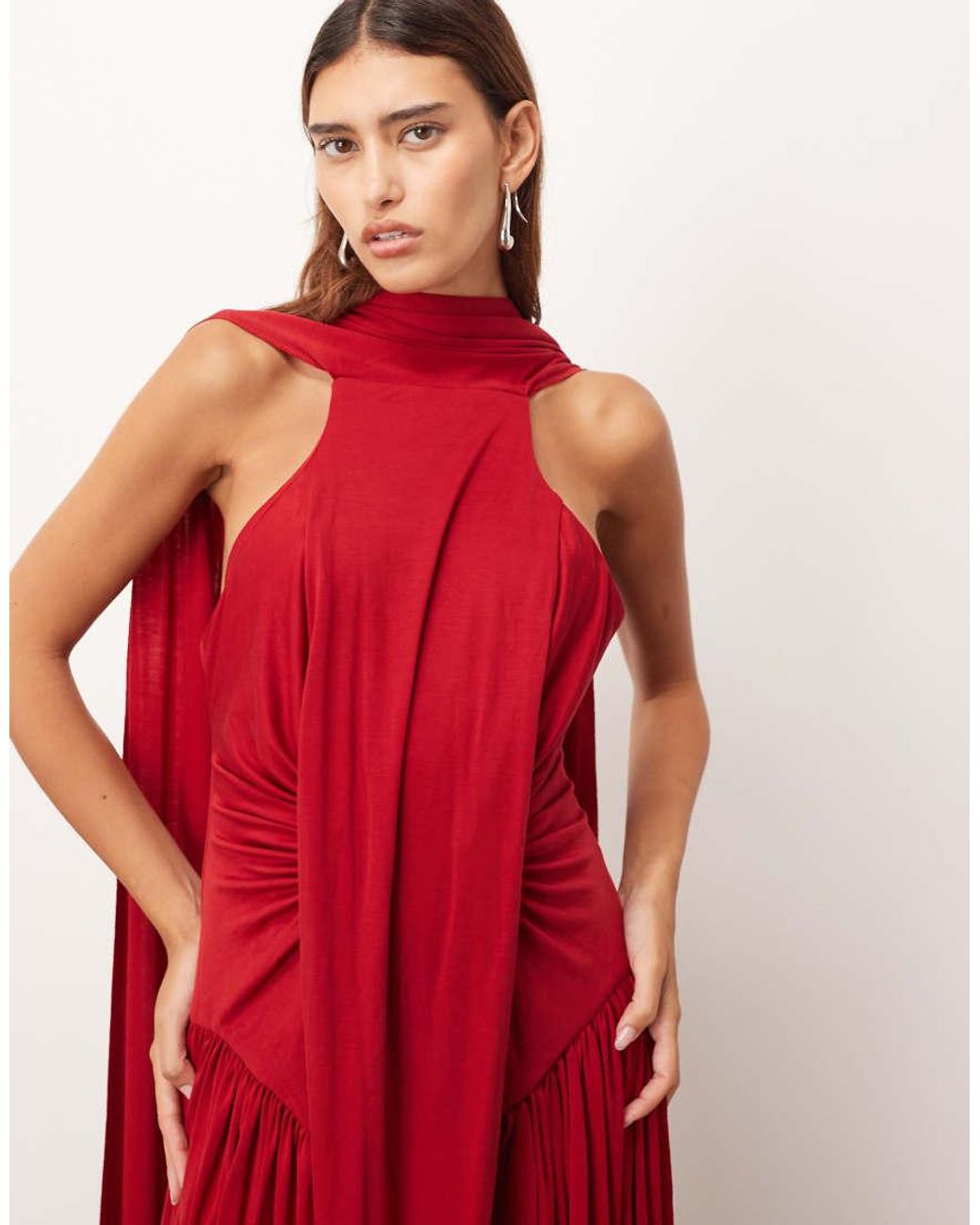 ARRANGE Scarf Neck Draped Hem Open Back Maxi Dress in Red | Lyst UK