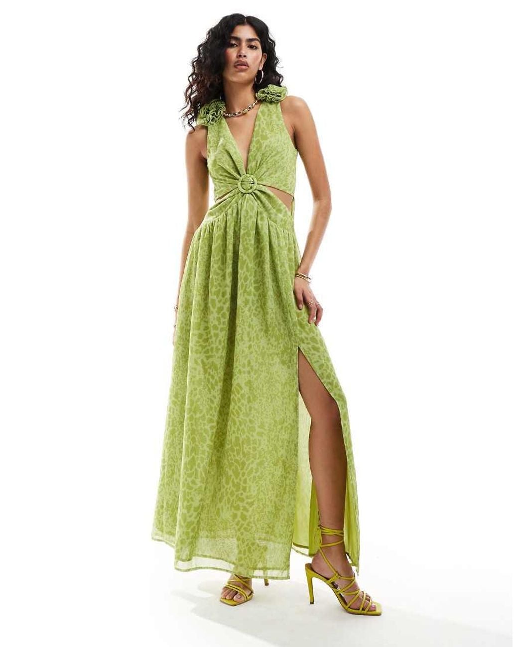 Style Cheat Maxi Dress With Shoulder Corsage in Green | Lyst UK