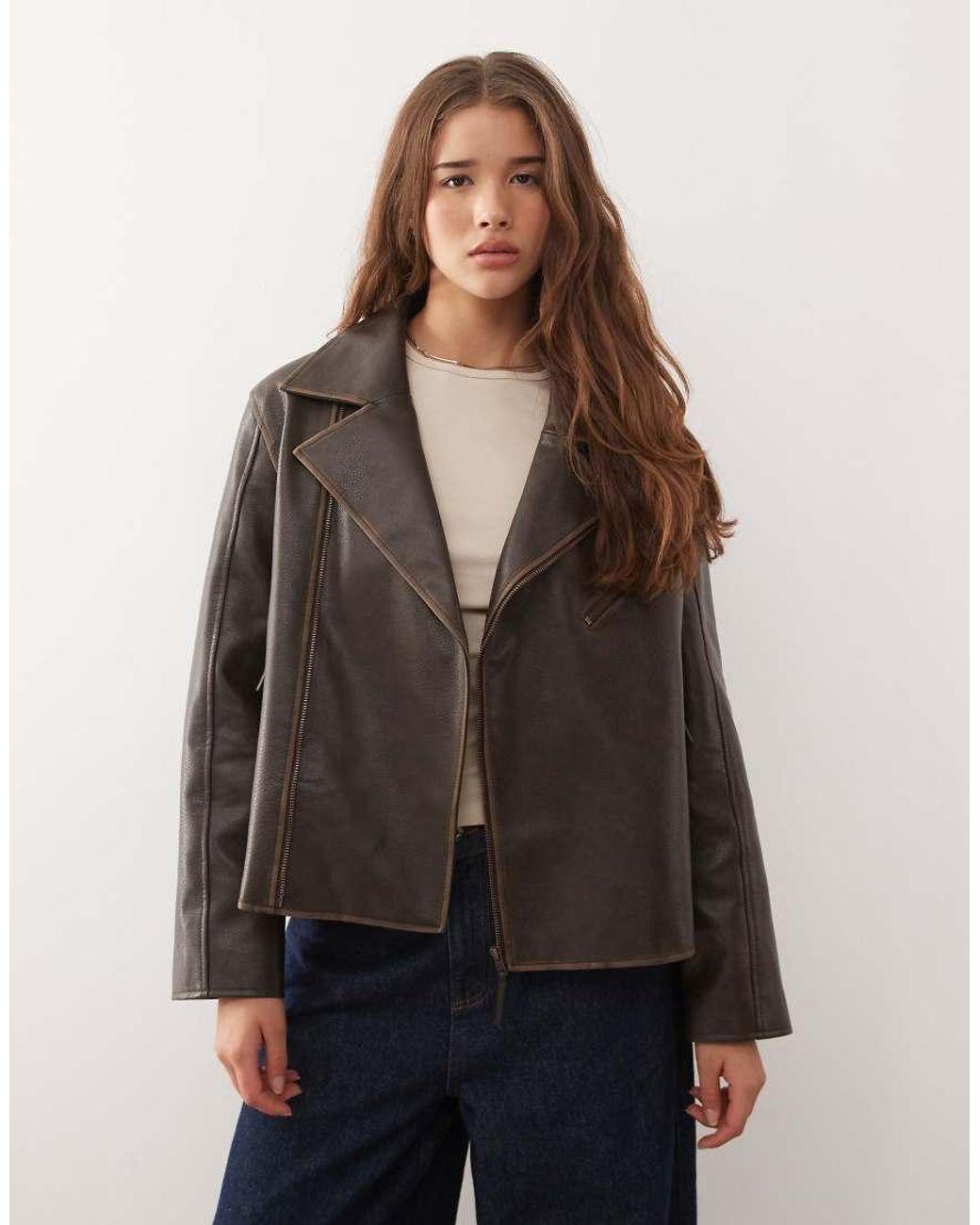 Reclaimed (vintage) Leather Look Boxy Biker Jacket in Brown | Lyst UK