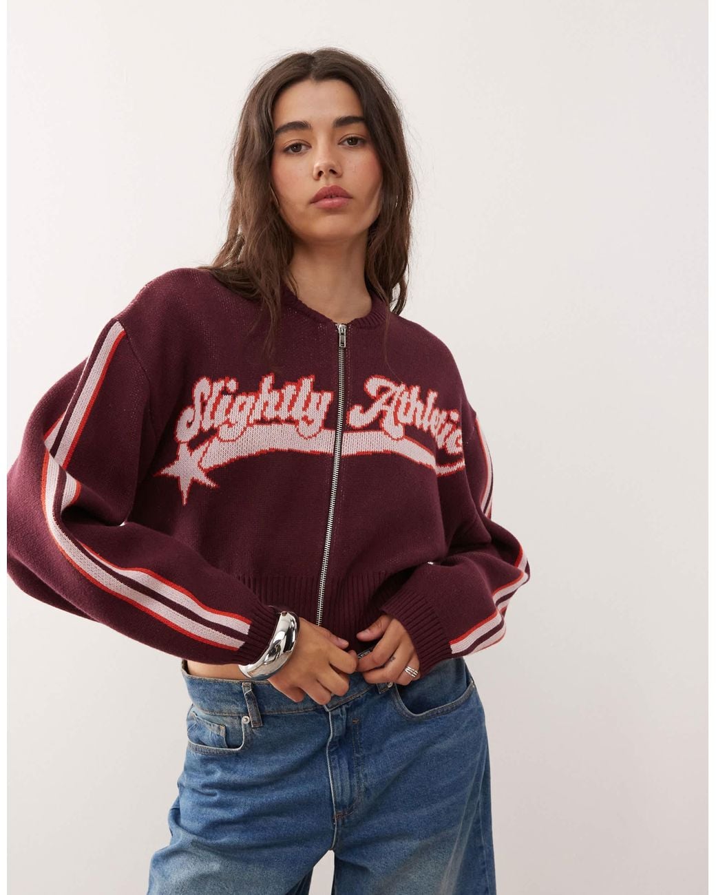 Monki Zip Through Knitted Bomber Cardigan in Red | Lyst