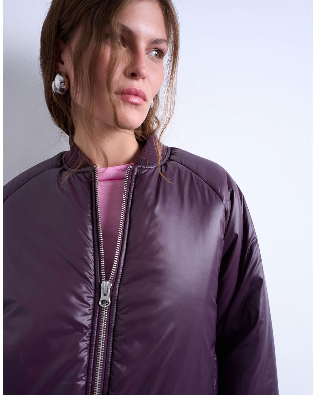 TOPSHOP High Shine Padded Bomber Jacket in Gray | Lyst