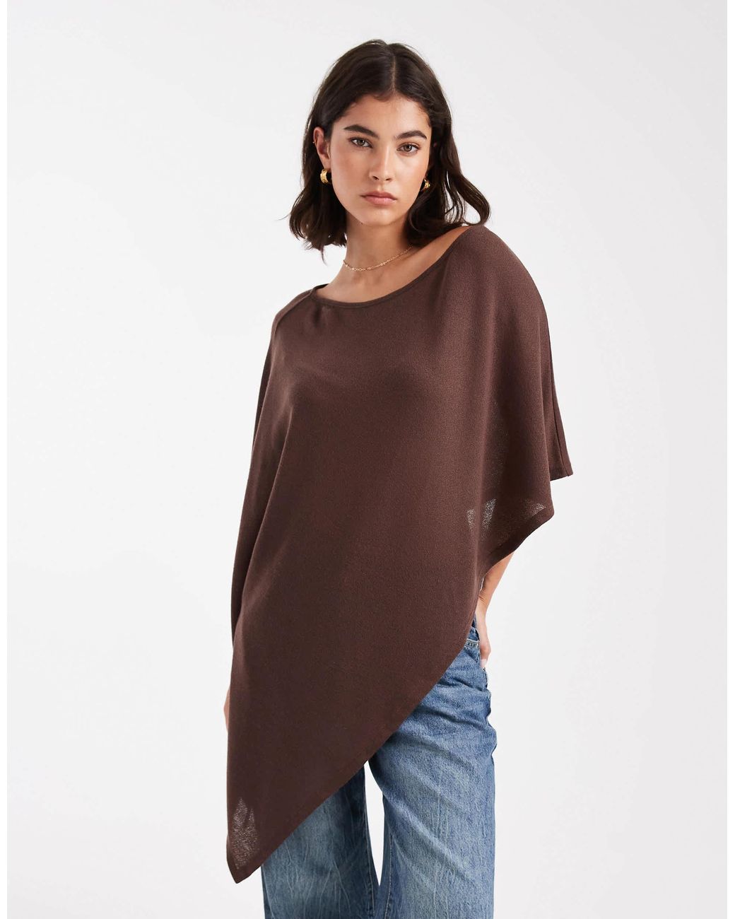 ASOS Semi Sheer Knit-look Asymmetric One Shoulder Cape in Brown | Lyst