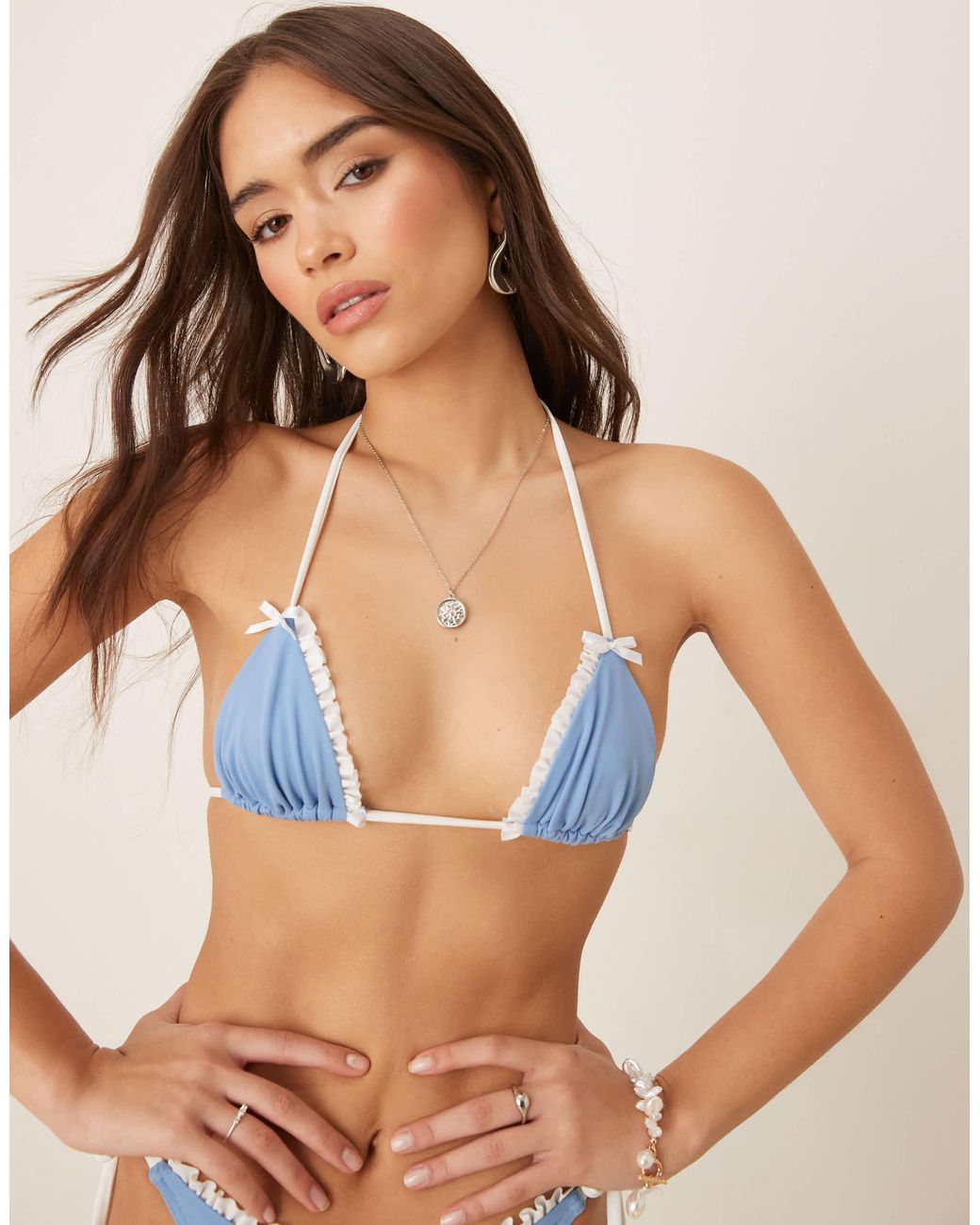 ASOS Imogen With White Frill Triangle Bikini Top in Blue | Lyst