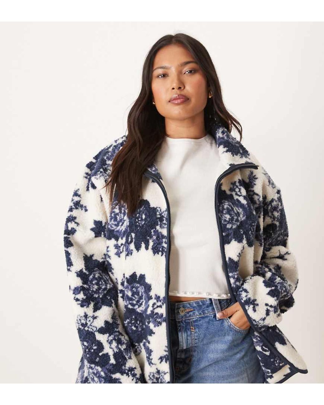 ASOS Asos Design Curve Zip Through Borg Fleece in Blue | Lyst UK