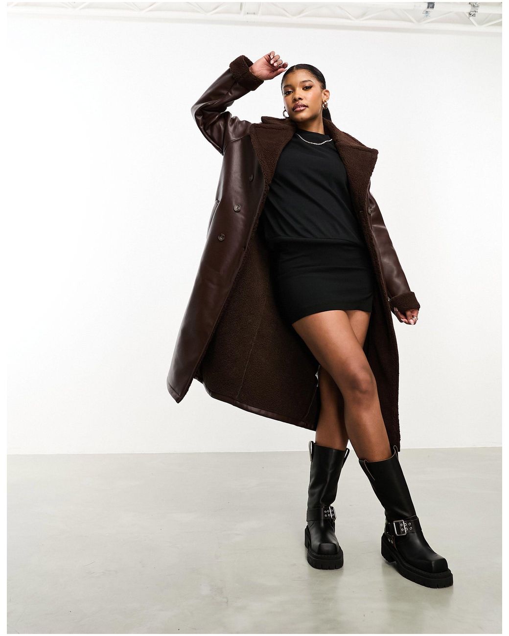 Threadbare Lois Longline Aviator Coat With Borg Trims in Black | Lyst UK