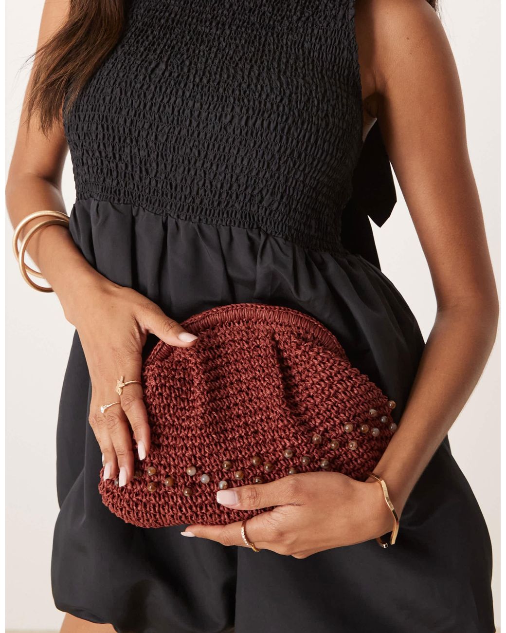 ASOS Straw Crochet Grab Clutch With Beads in Black | Lyst