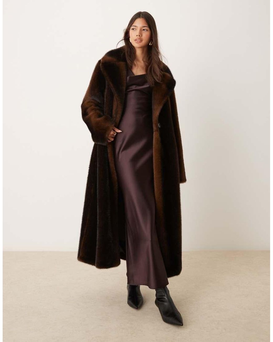 ASOS Longline Vintage Look Faux Fur Coat in Brown | Lyst UK