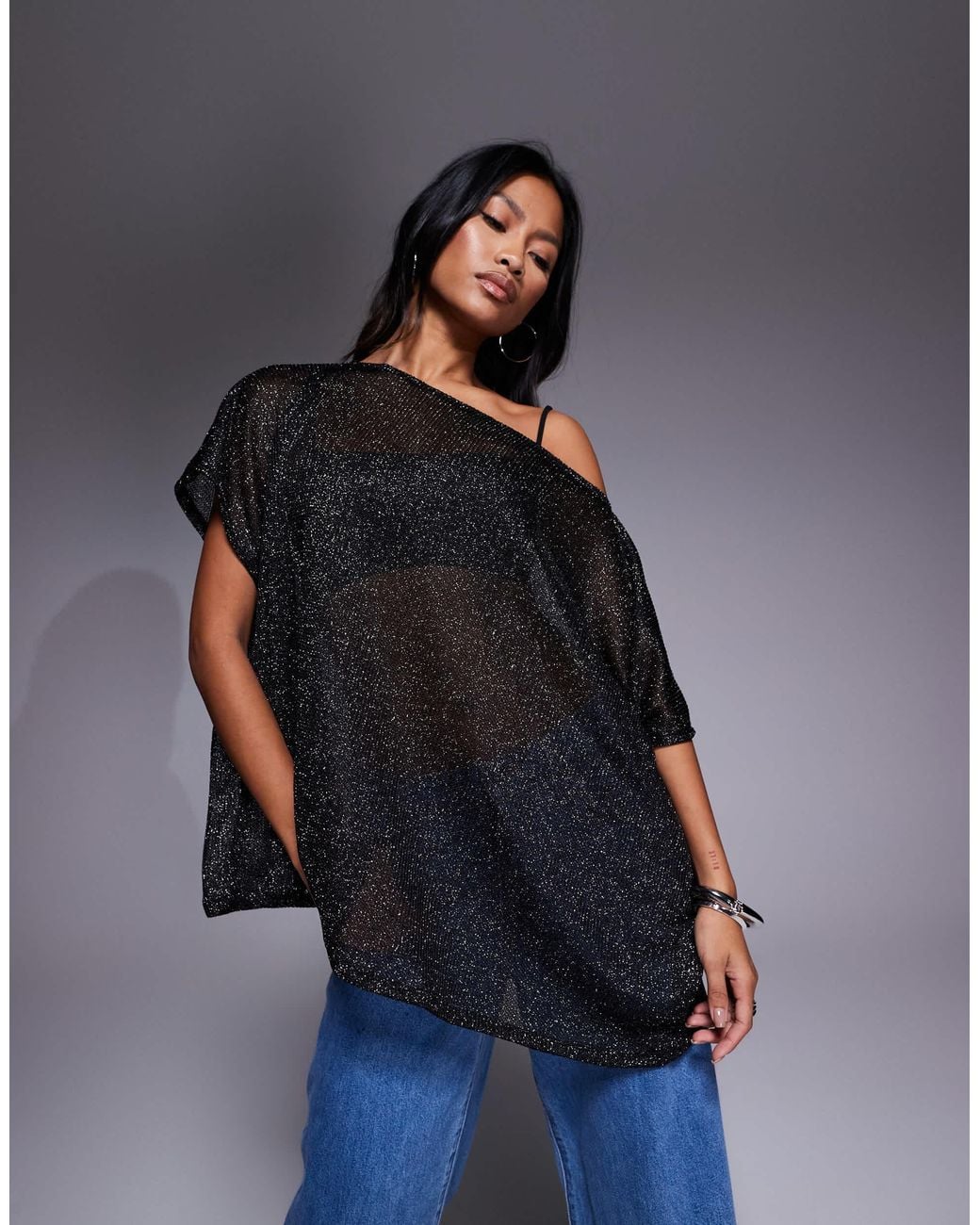ASOS Sheer Metallic Oversized Slouchy Off Shoulder Cape Top in Blue | Lyst