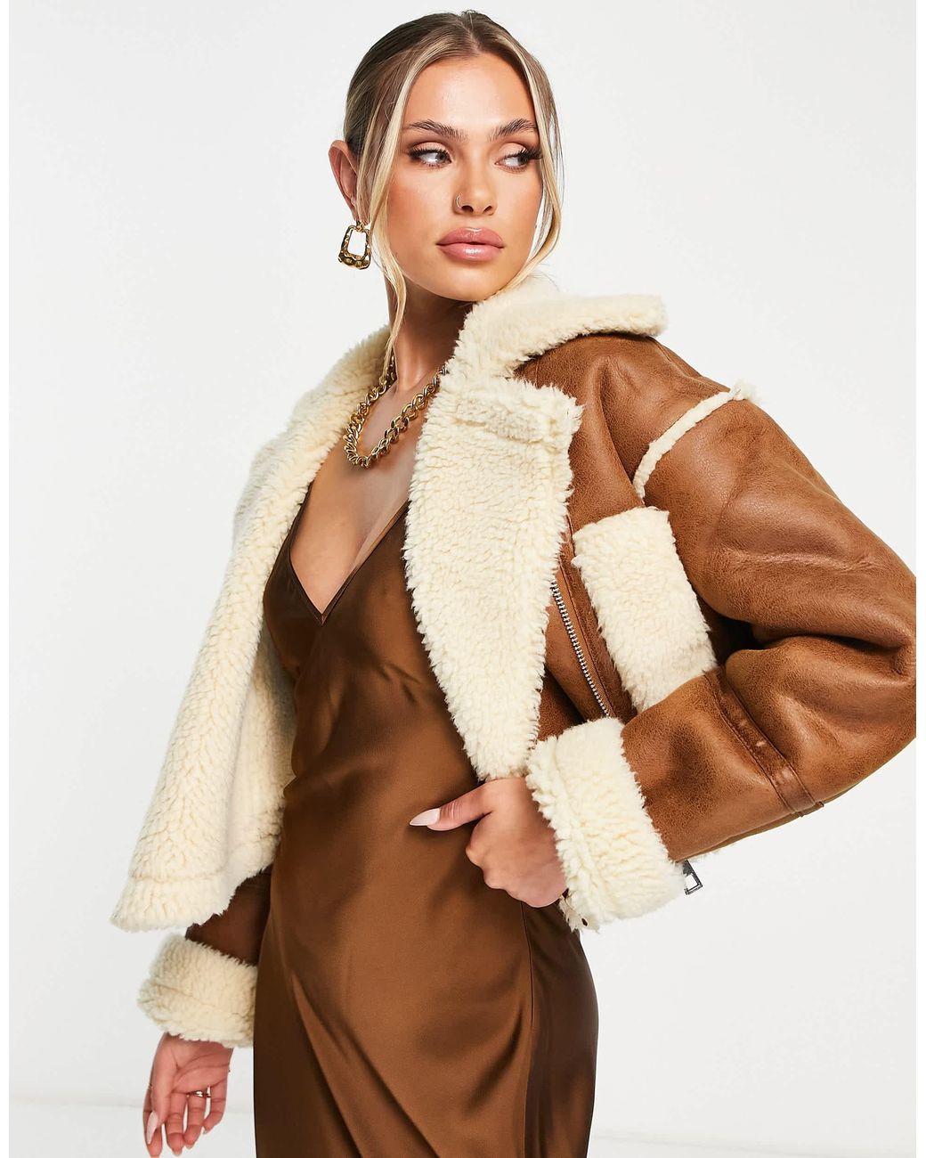 Aria Cove Faux Suede Shearling Cropped Aviator Jacket in Brown | Lyst