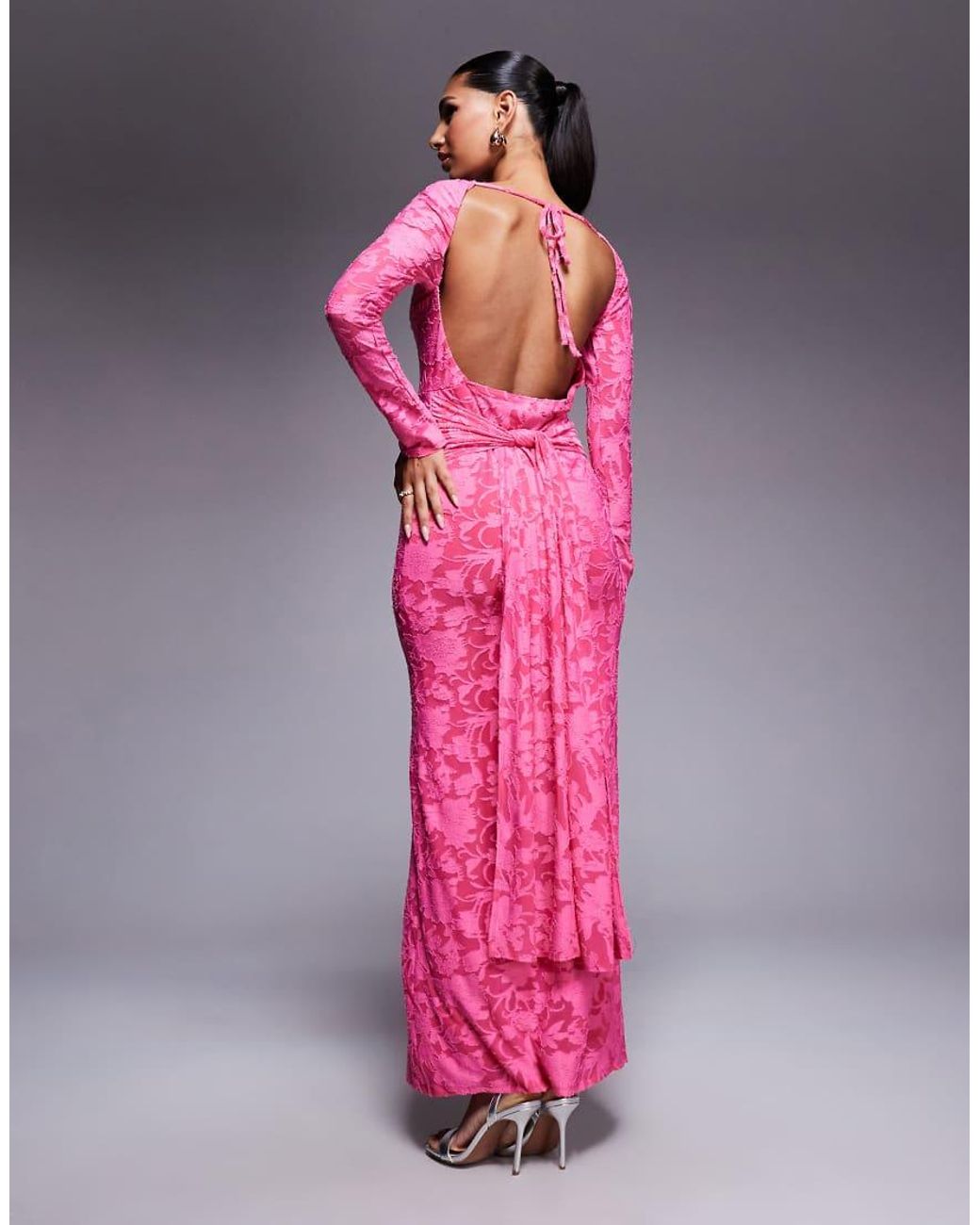 ASOS Devore Long Sleeve Maxi Dress With Open Back in Pink | Lyst UK