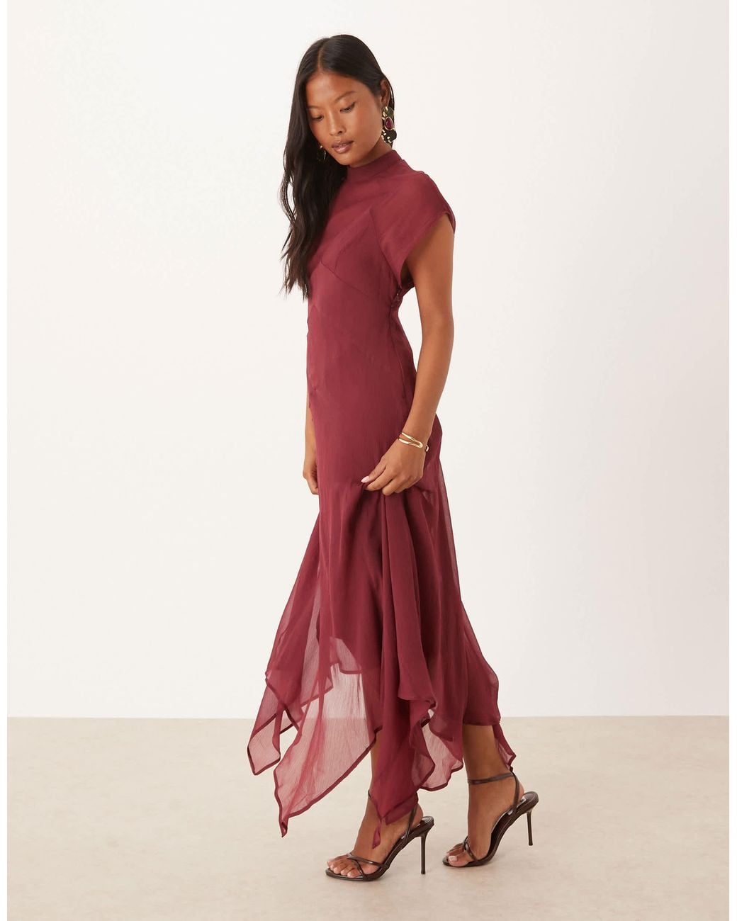 ASOS Asos Design Petite High Neck Hanky Hem Chiffon Maxi Dress in Red ...