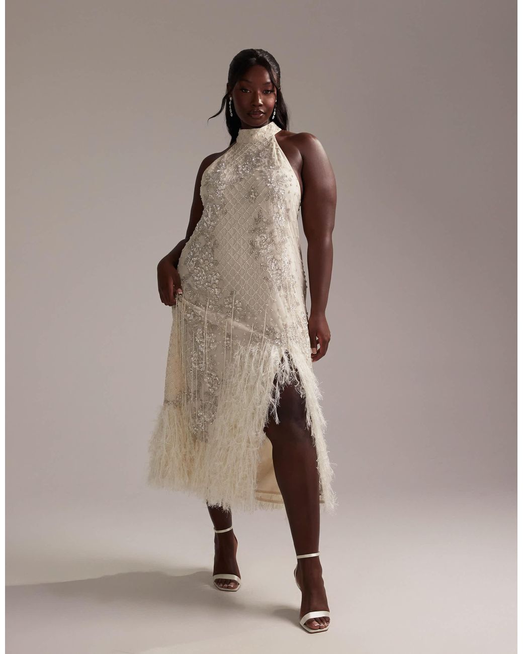 ASOS Asos Design Curve Floral Embellished Halter Maxi Wedding Dress With Fringe Hem-white in ...