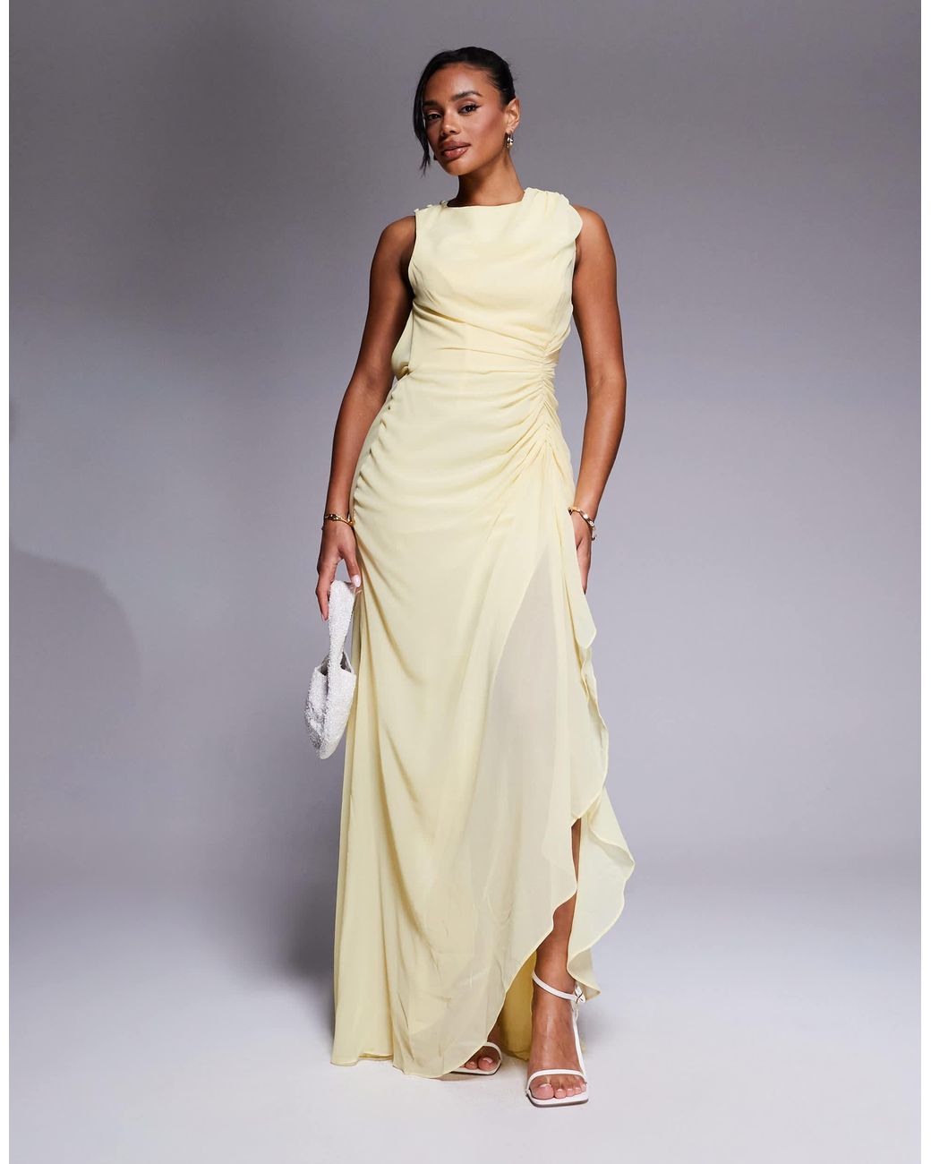 ASOS Gathered Waist Ruffle Maxi Dress With Open Back in Yellow | Lyst