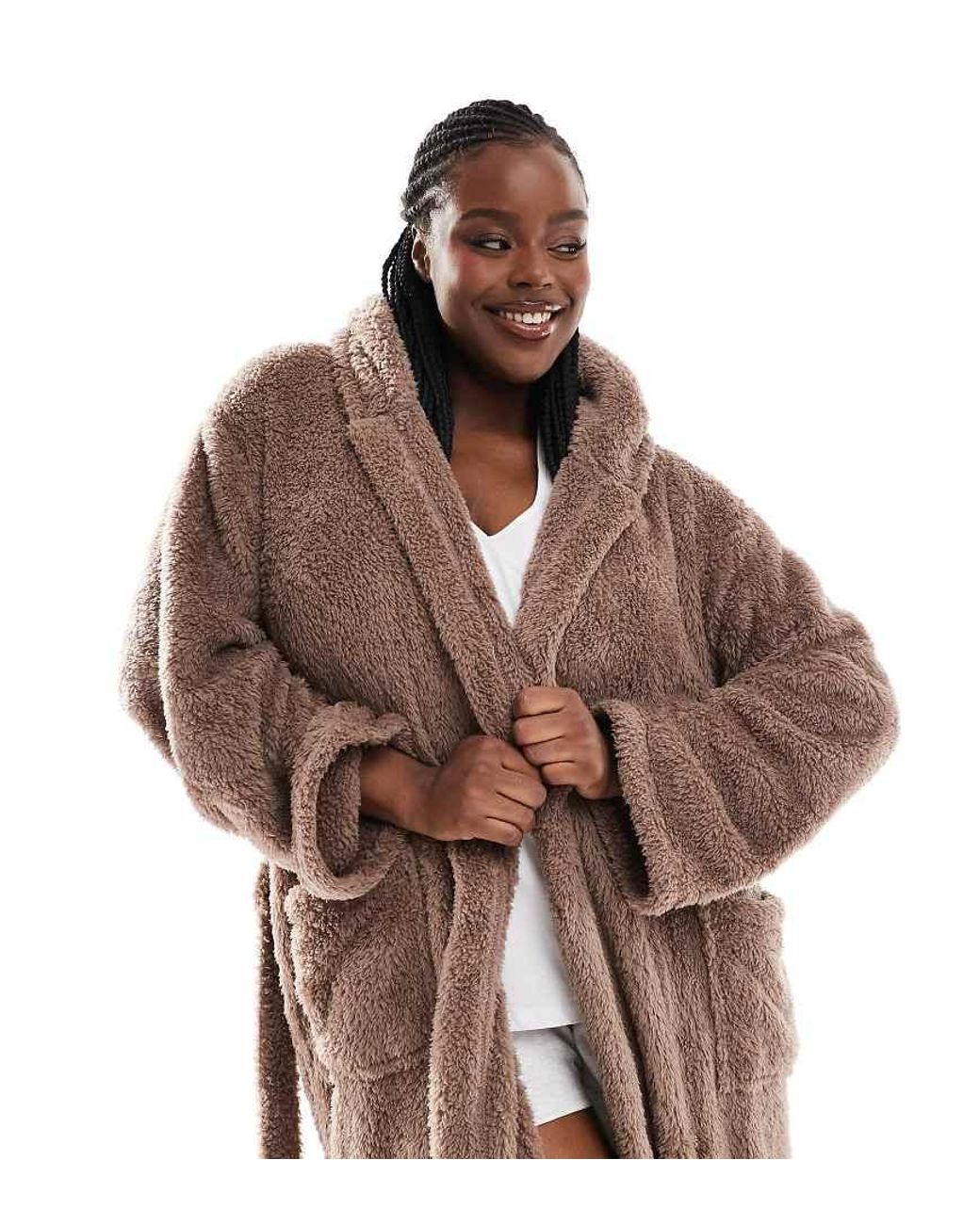 Loungeable Curve Cosy Sherpa Hooded Maxi Dressing Gown in Brown | Lyst UK