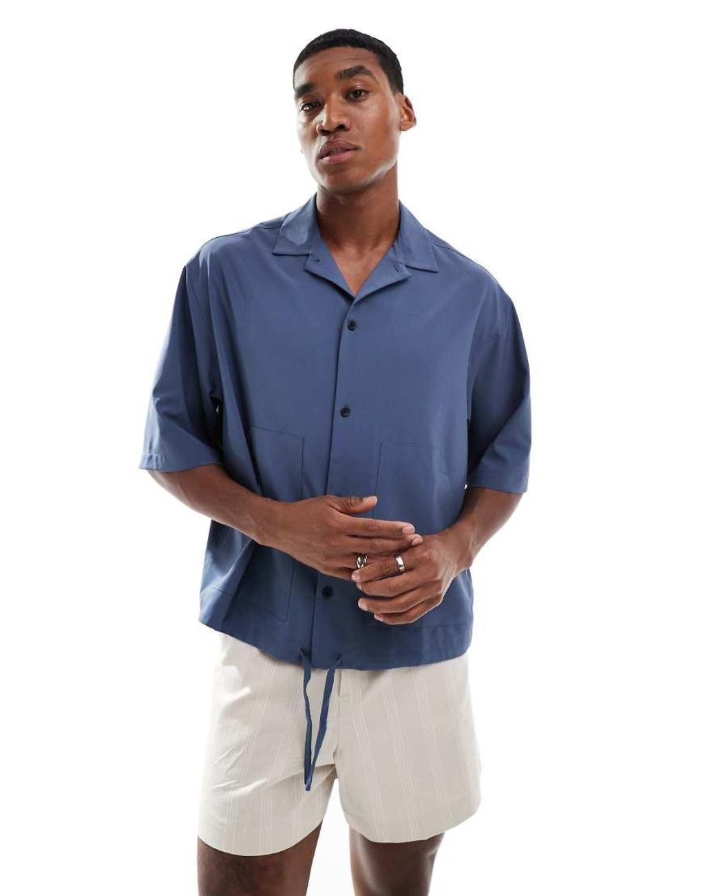 ASOS Oversized Boxy Shirt With Half Sleeves in Blue for Men | Lyst UK