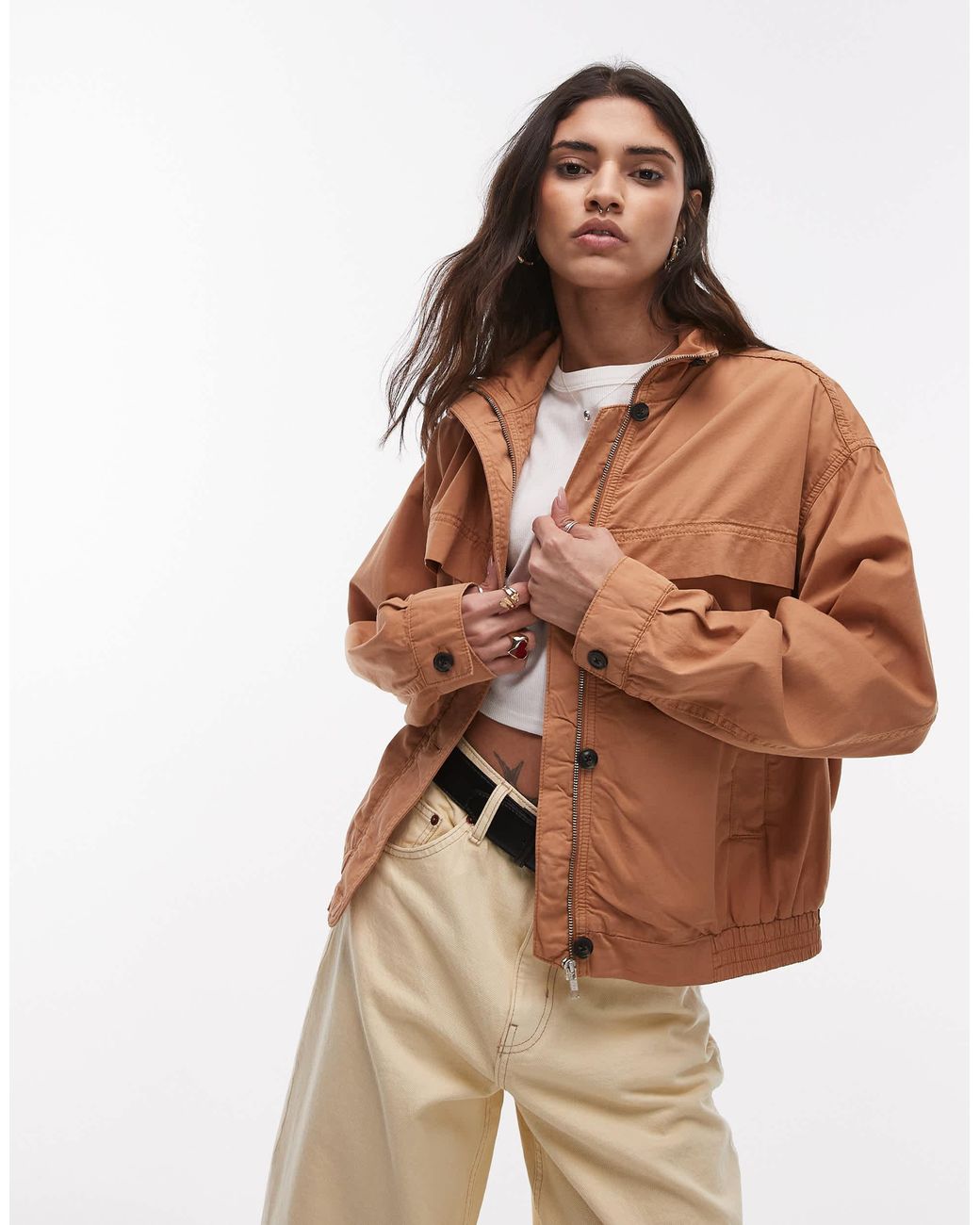 TOPSHOP Smart Cotton Bomber Jacket in Brown | Lyst