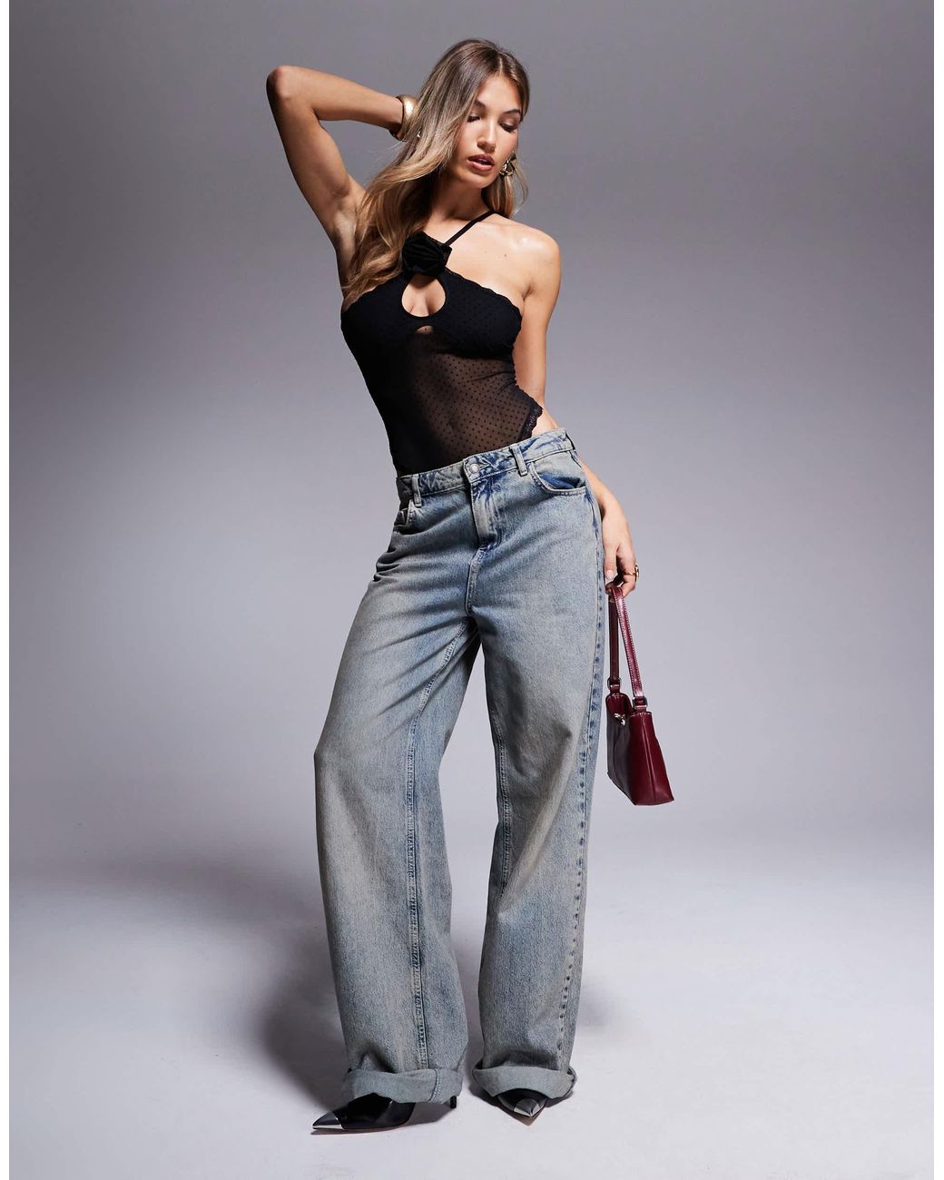 ASOS Tasha Corsage Spot Mesh Body in Gray | Lyst