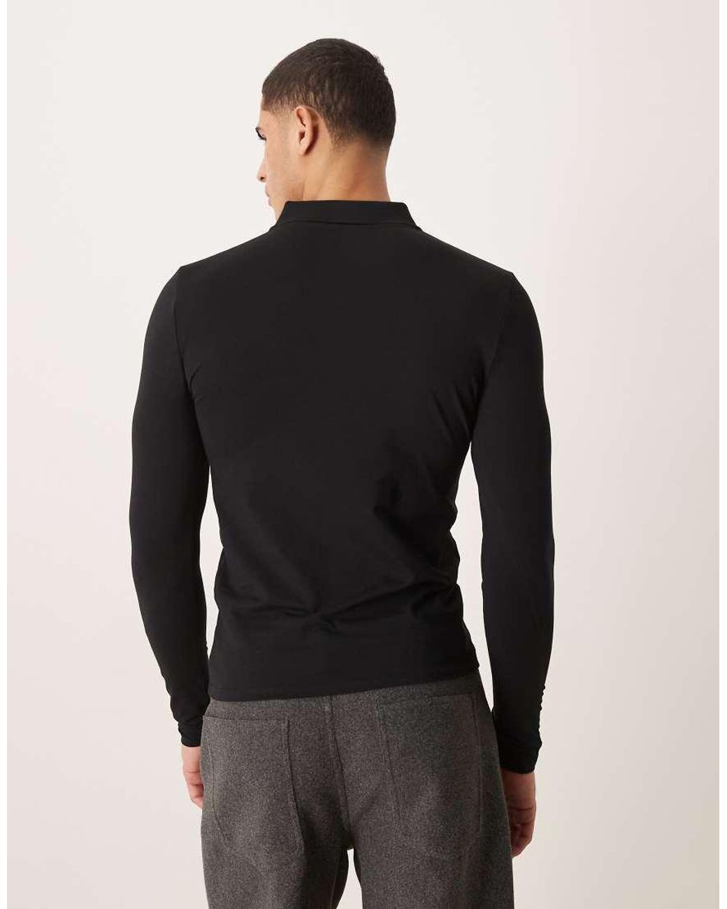 ASOS Essentials Muscle Fit Long Sleeve Polo in Black for Men | Lyst UK