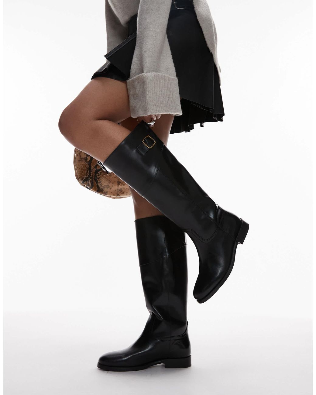 Mango Leather Knee Length Boots With Buckle in Black | Lyst
