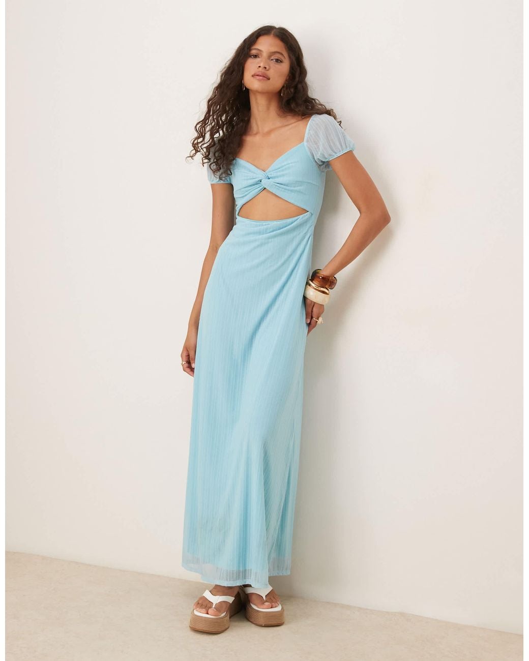 ASOS Textured Mesh Twist Front Puff Sleeve Midi Dress in Blue | Lyst