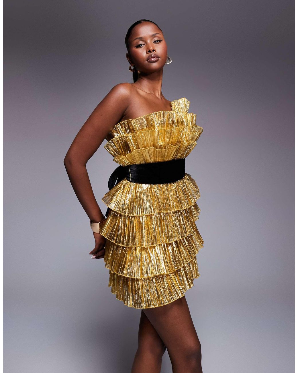 ASOS Pleated Bandeau Mini Dress With Velvet Belt in Metallic | Lyst