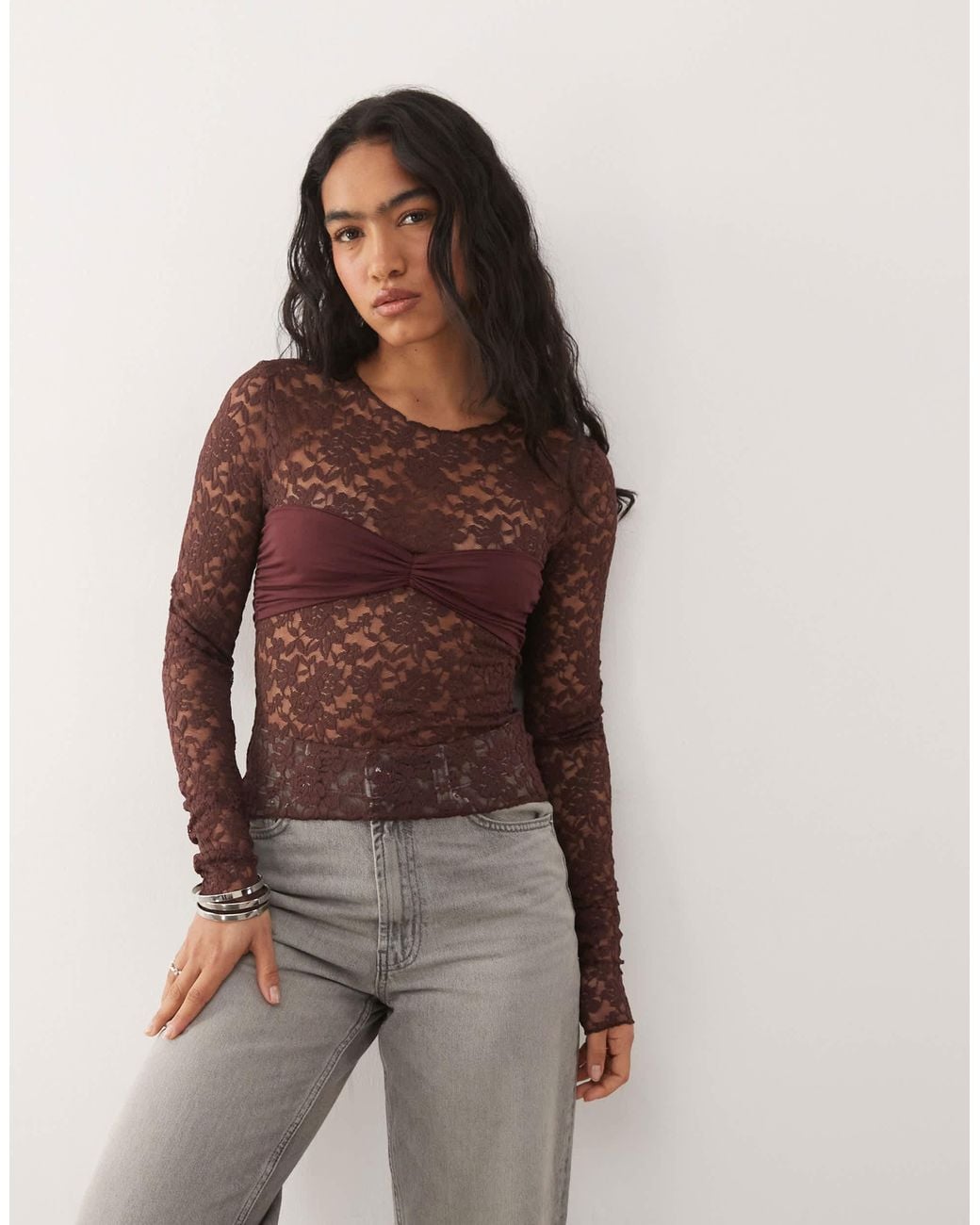 Lioness Midnight Long Sleeve Sheer Lace Top in Brown | Lyst