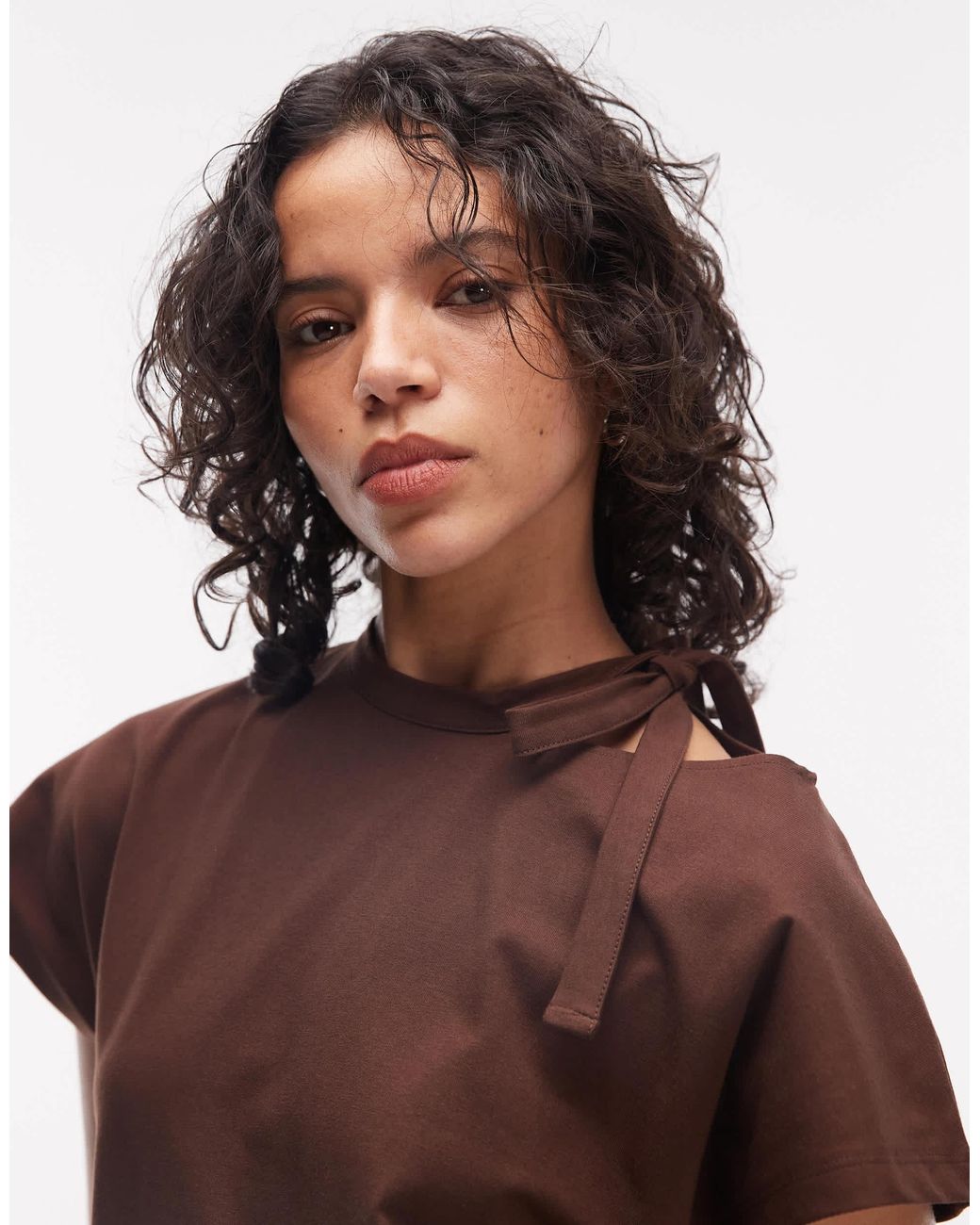 ASOS Cap Sleeve With Cut Out Scarf Detail Top in Brown | Lyst