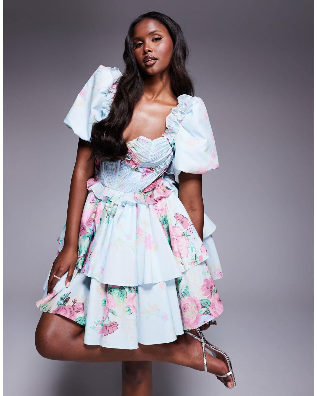ASOS Organza And Poplin Mix Heart Bust Mini Dress Floral Print in Blue ...