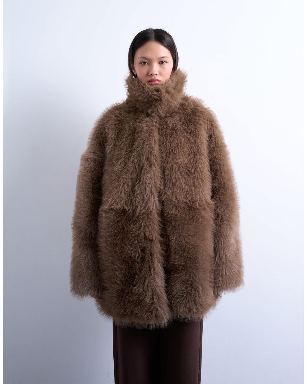 TOPSHOP Faux Fur Funnel Neck Mid Length Coat in Brown | Lyst