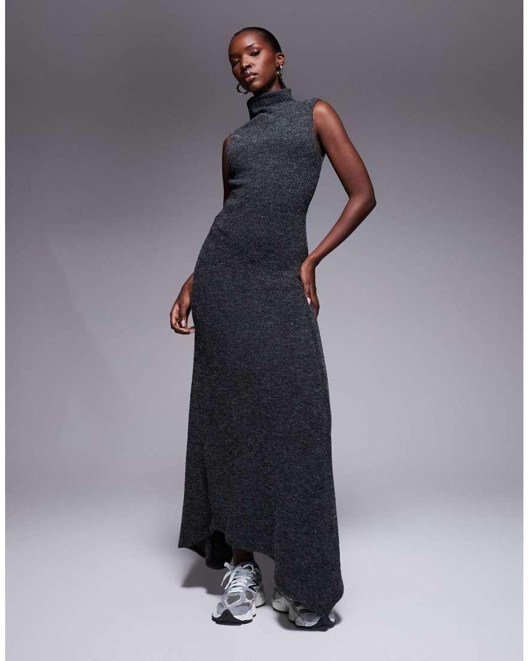 ASOS Ribbed High Neck Asymmetric Hem Maxi Dress in Blue | Lyst UK