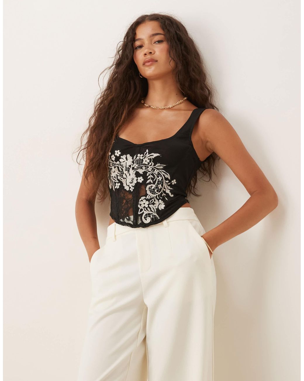 ASOS Embroidered Lace Corset Top in Black | Lyst