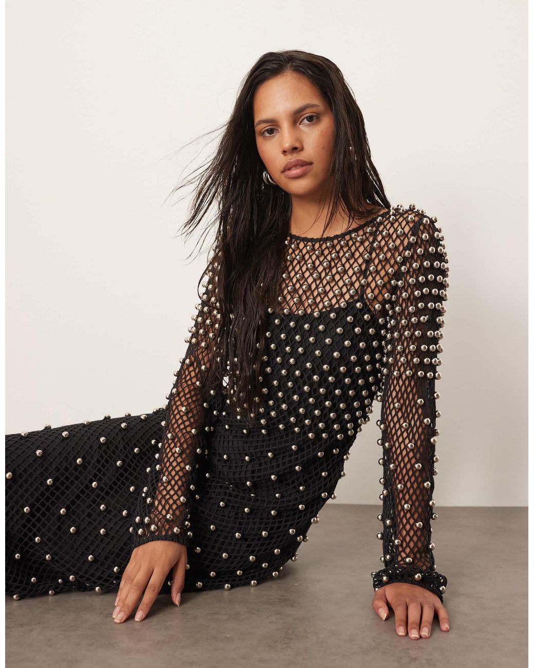 ARRANGE Embellished Mesh Long Sleeve Maxi Dress in Natural | Lyst