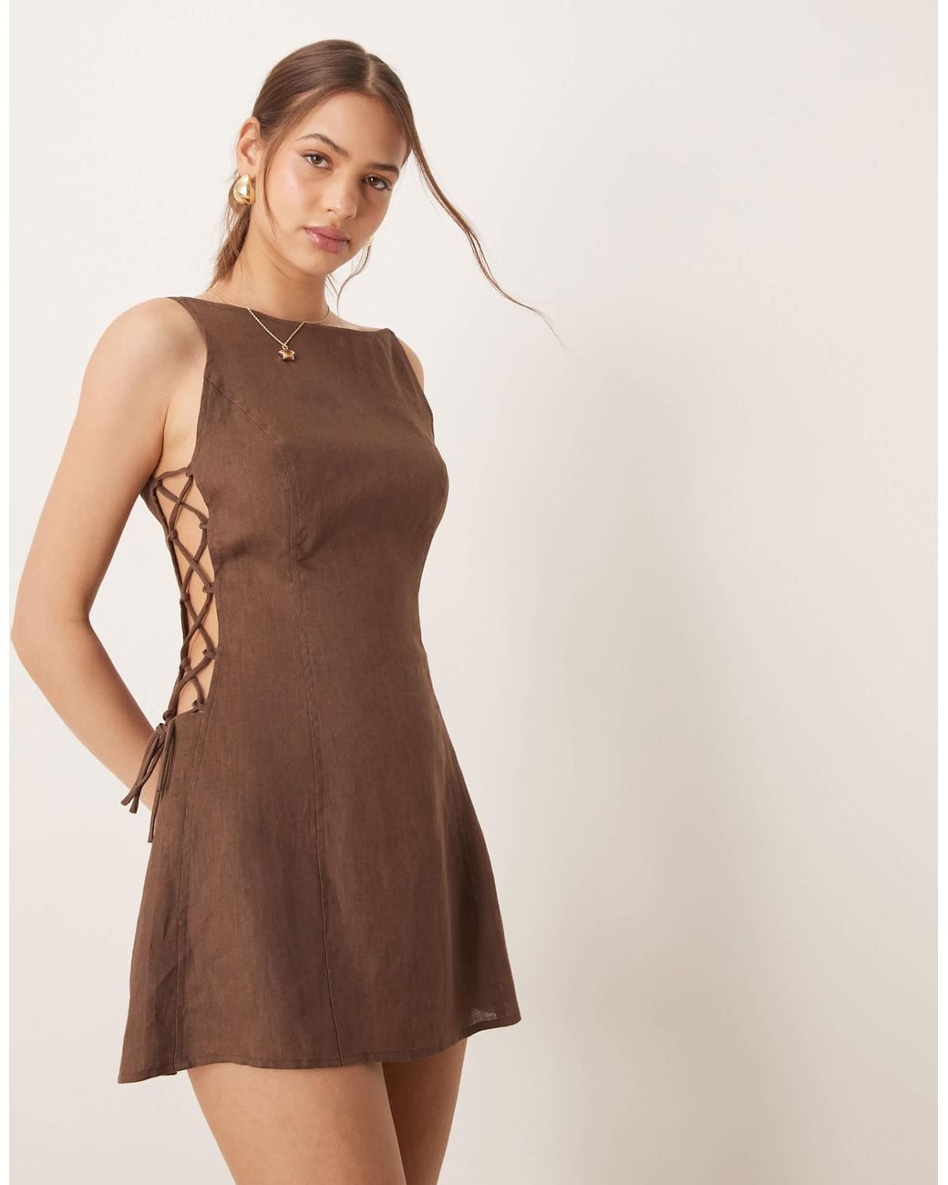 Vrg Grl Nova Linen Mini Dress With Tie Side in Brown | Lyst