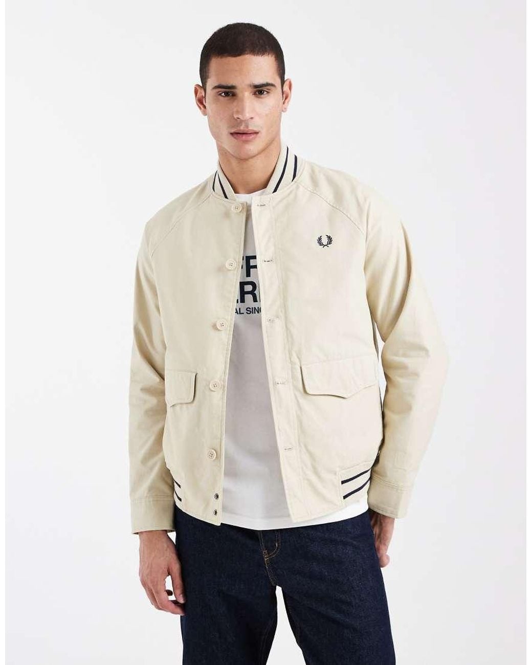 Fred Perry Umpire Tipped Collar Logo Bomber Jacket in Natural for Men ...