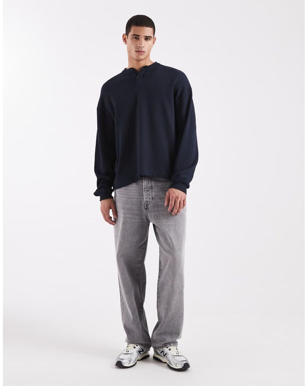 ASOS Oversized Boxy Long Sleeve T-shirt With Henley Neck in Blue for ...