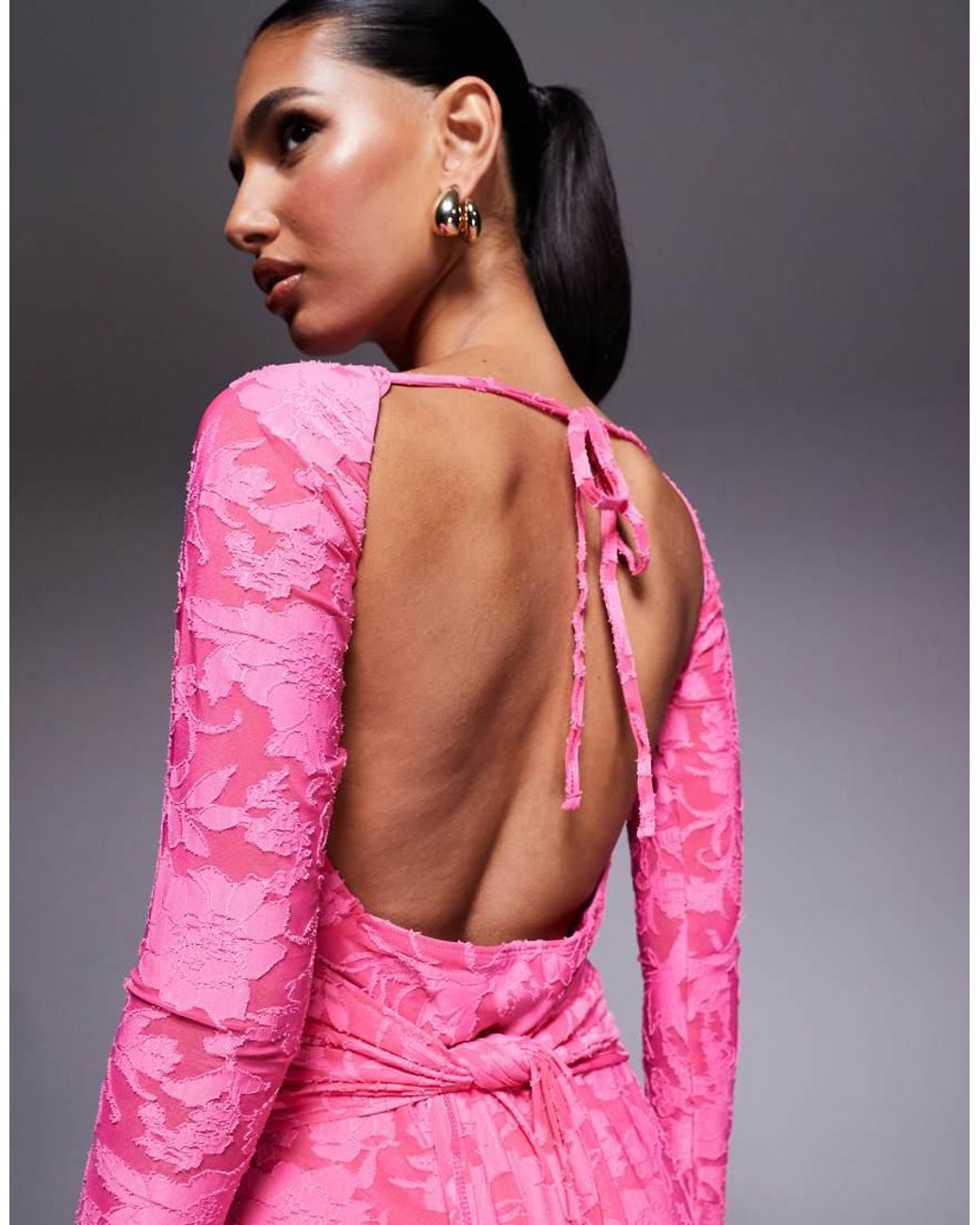 ASOS Devore Long Sleeve Maxi Dress With Open Back in Pink | Lyst UK