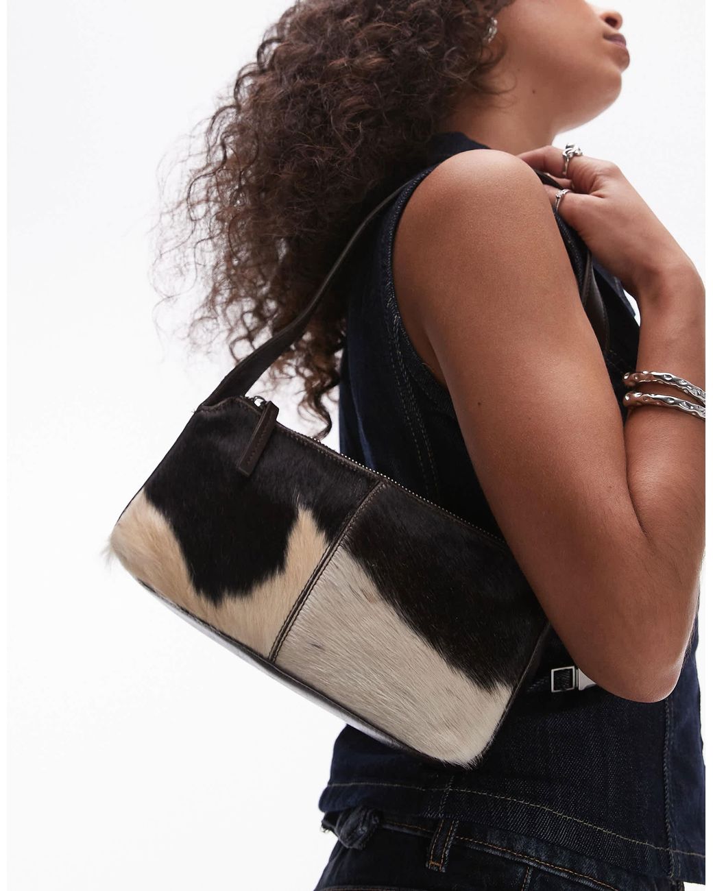 Mango Cow Print Leather Shoulder Bag in Black | Lyst