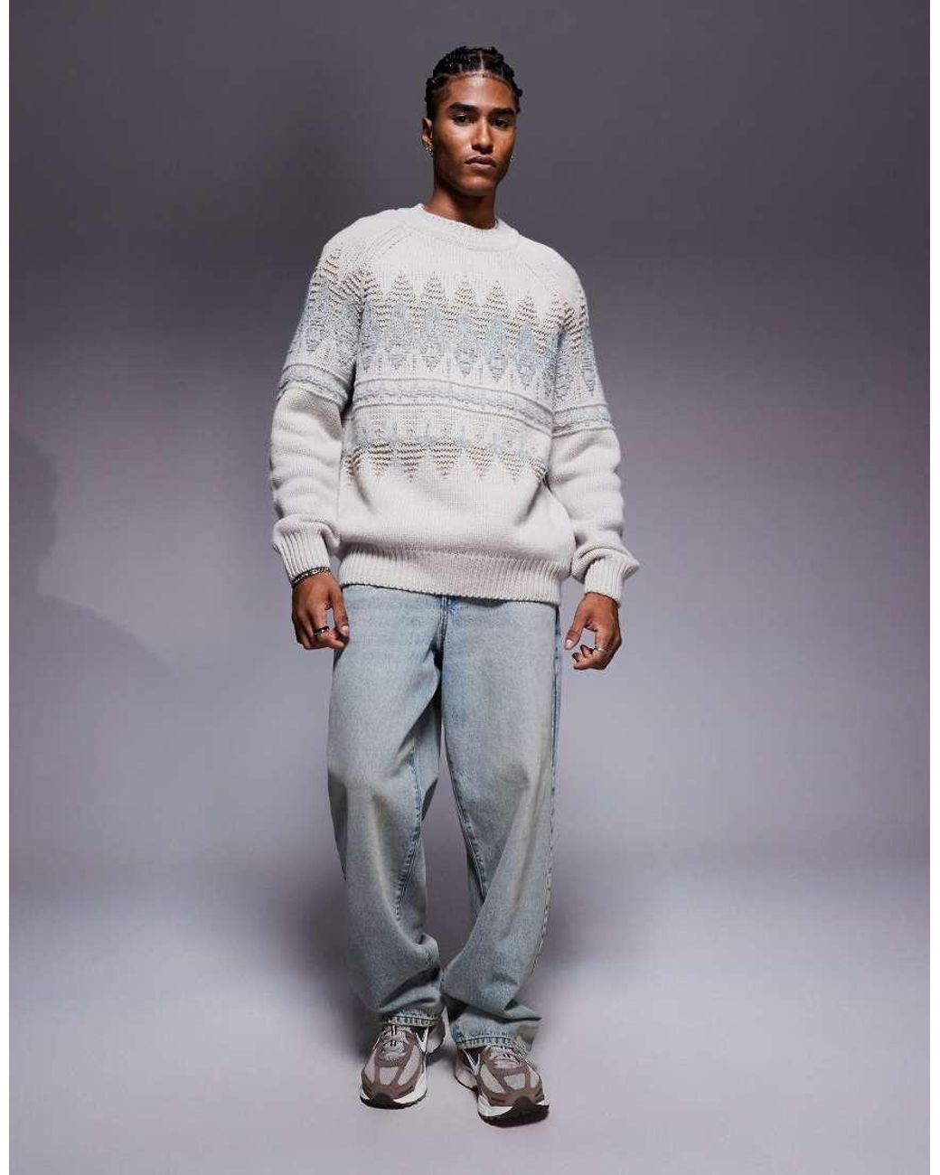 BOSS Karombo Relaxed Fit Textured Fair Isle Knitted Jumper in Grey for ...