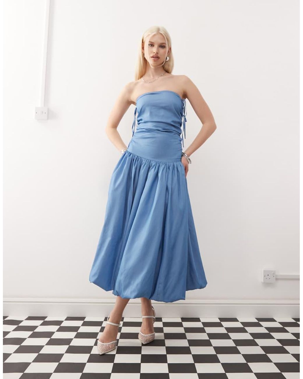 Amy Lynn Alexa Tie Shoulder Puffball Midi Dress in Blue | Lyst UK