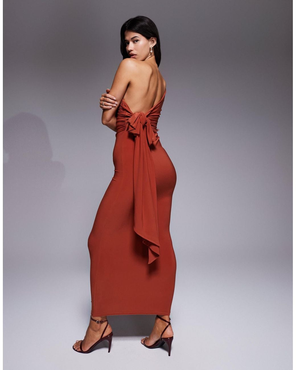 ASOS Design One Shoulder Ruched Maxi Dress With Bow Back | Lyst