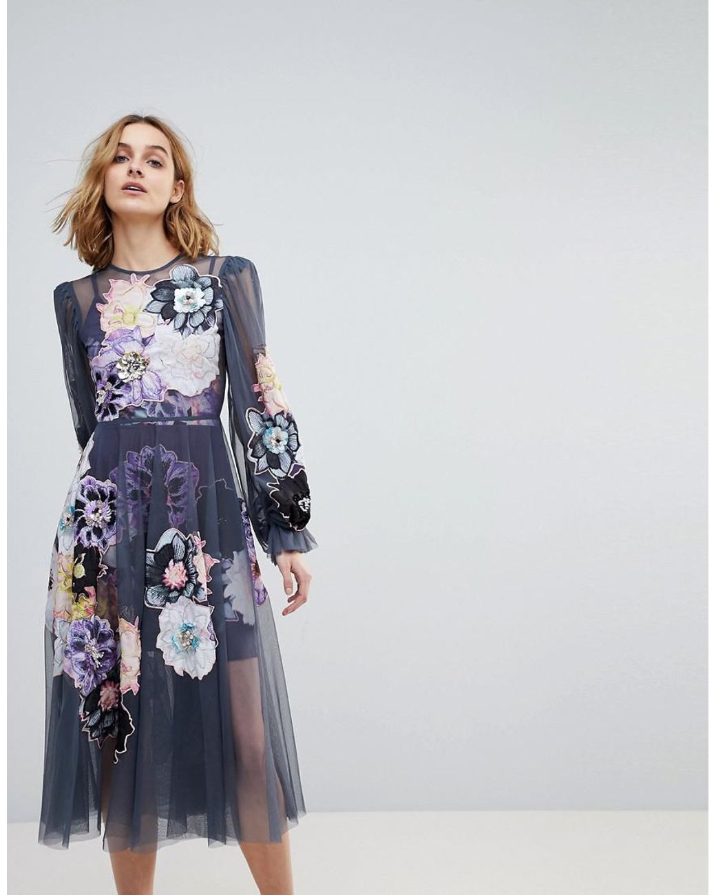 ASOS Smock Dress With Applique Embellished Flowers in Grey | Lyst Canada