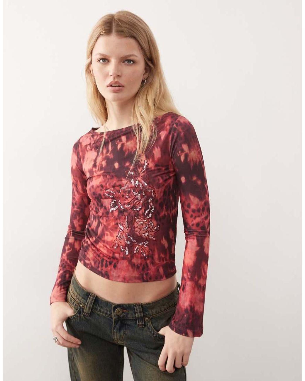 Reclaimed Vintage Slash Neck Flare Sleeve Top in Red | Lyst UK