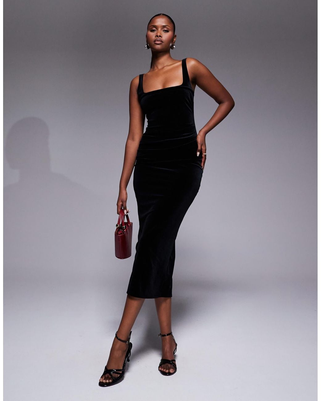 ASOS Velvet Curved Neckline Midi Dress With Split in Blue | Lyst