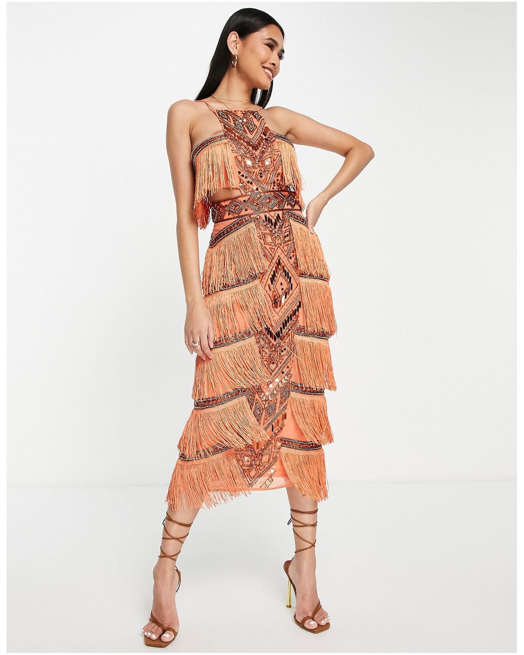 Asos Cami Square Neck Fringed Embellished Midi Dress With Cut Out In