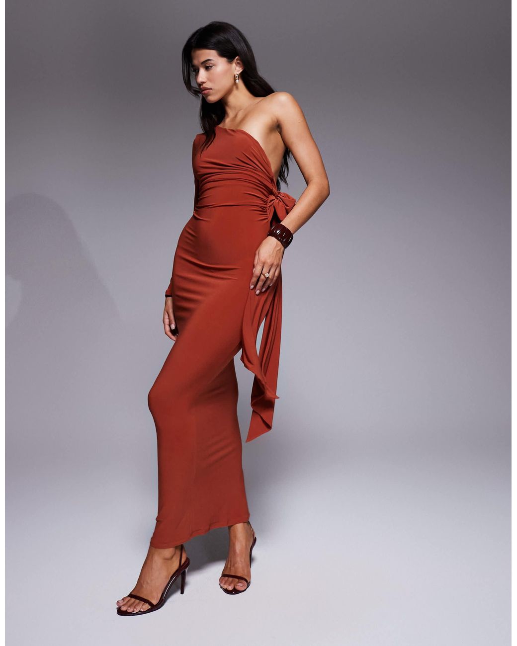ASOS Design One Shoulder Ruched Maxi Dress With Bow Back | Lyst